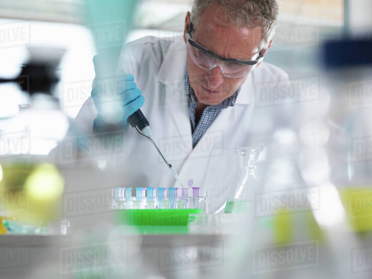 Scientist pipetting samples into eppendorf tubes for testing during an ...