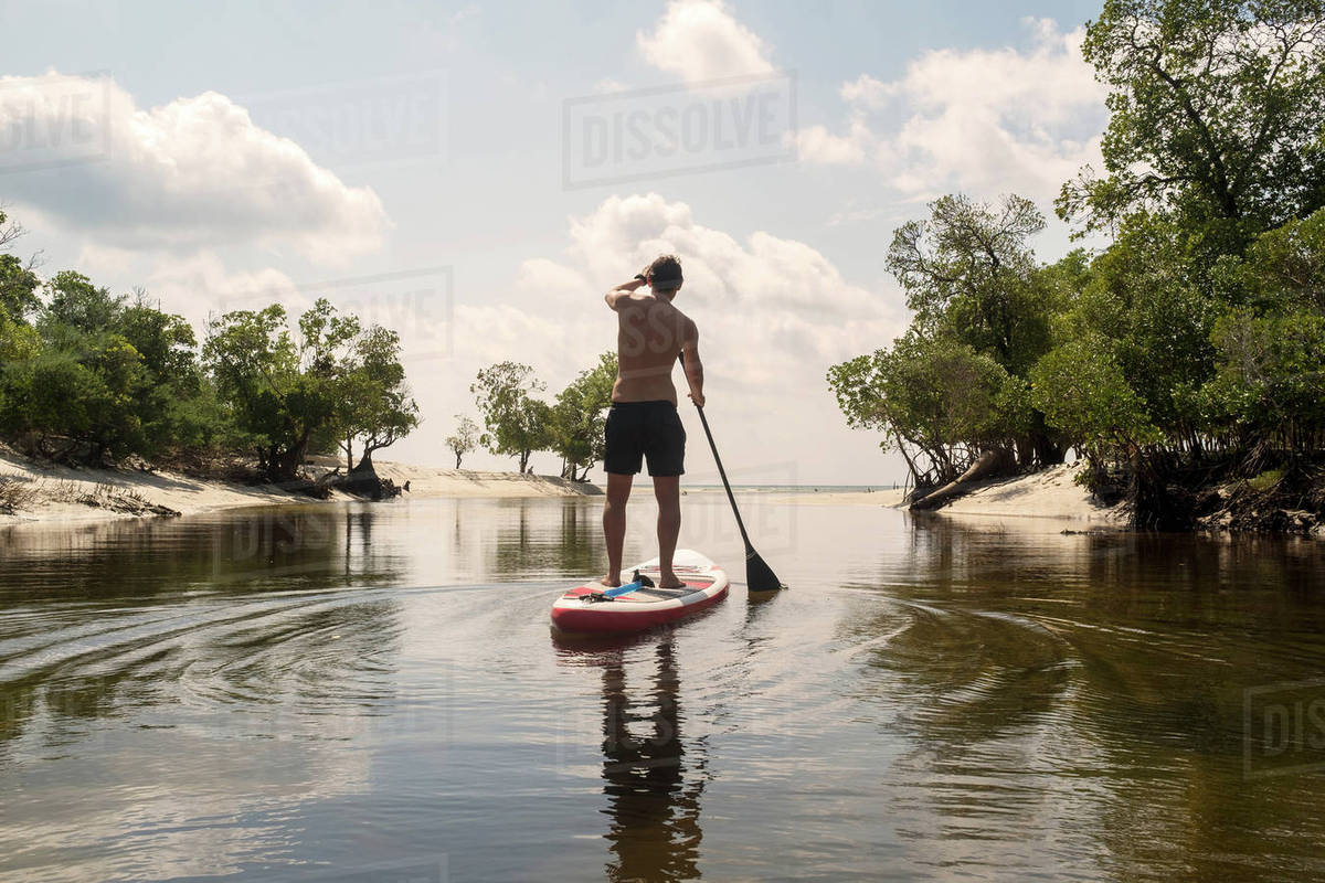 Rear view of man on paddleboard, Kilindoni, Pwani, Tanzania, Africa ...