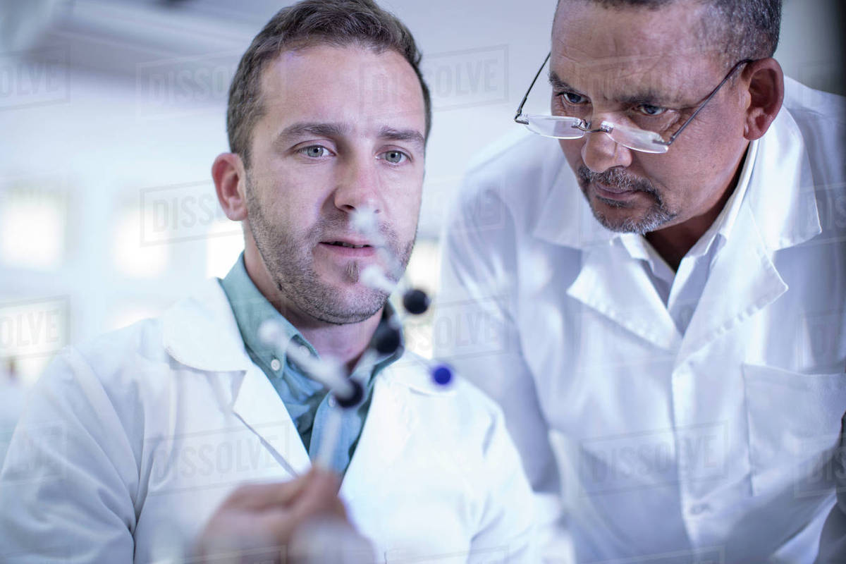 Laboratory workers looking at molecular model - Royalty-free Stock ...