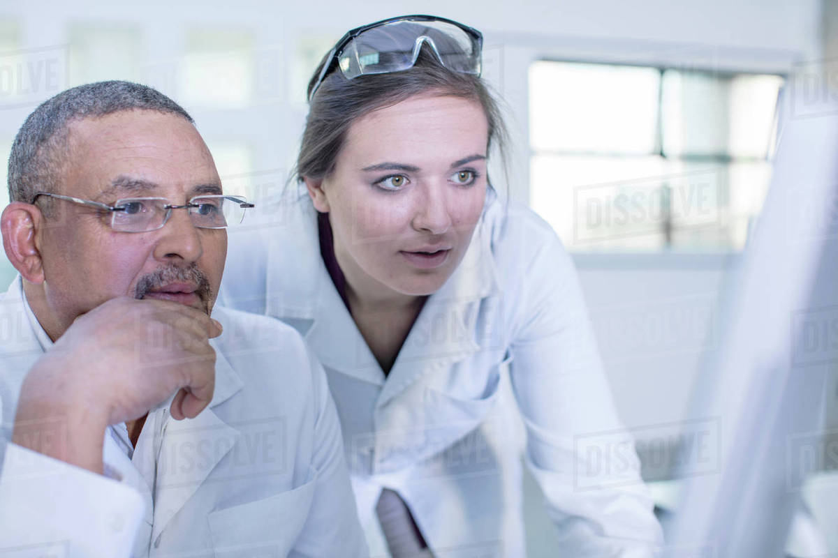 Two laboratory workers looking at computer screen - Royalty-free Stock ...