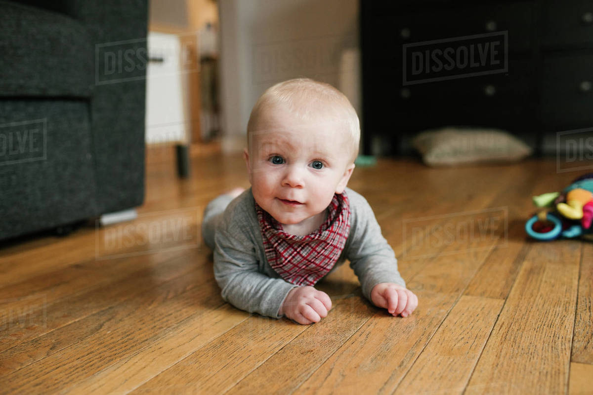 Baby boy crawling on wooden floor - Royalty-free Stock Photo | Dissolve