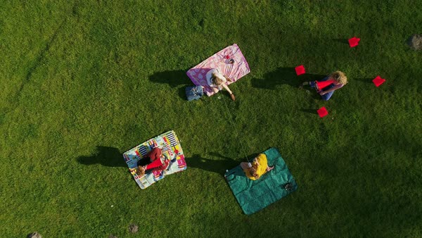 AERIAL WS People having social distance picnic / Breda, Noord-Brabant ...
