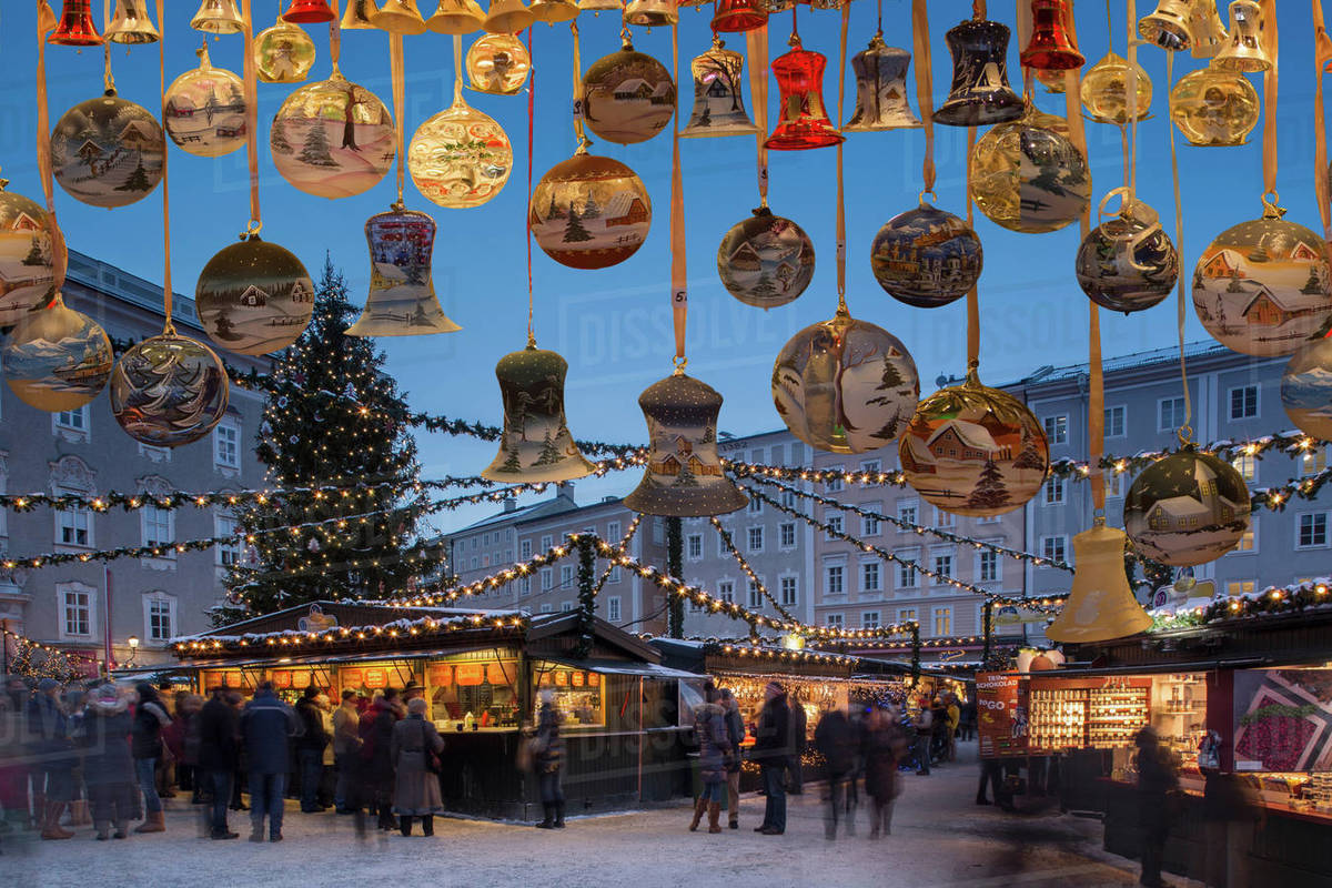 Christmas decorations in christmas market, Salzburg, Austria - Royalty ...