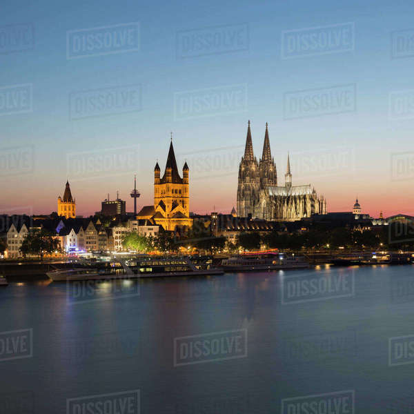 Waterfront cityscape with Town Hall, Great St Martin Church and Cologne ...