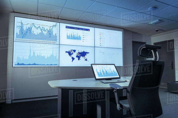 Empty control room with charts on screens - Royalty-free Stock Photo ...
