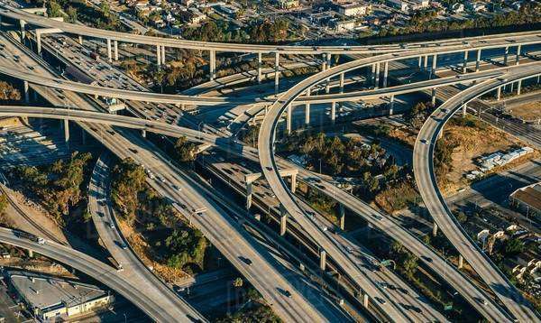 Aerial view of flyovers and highways, Los Angeles, California, USA ...