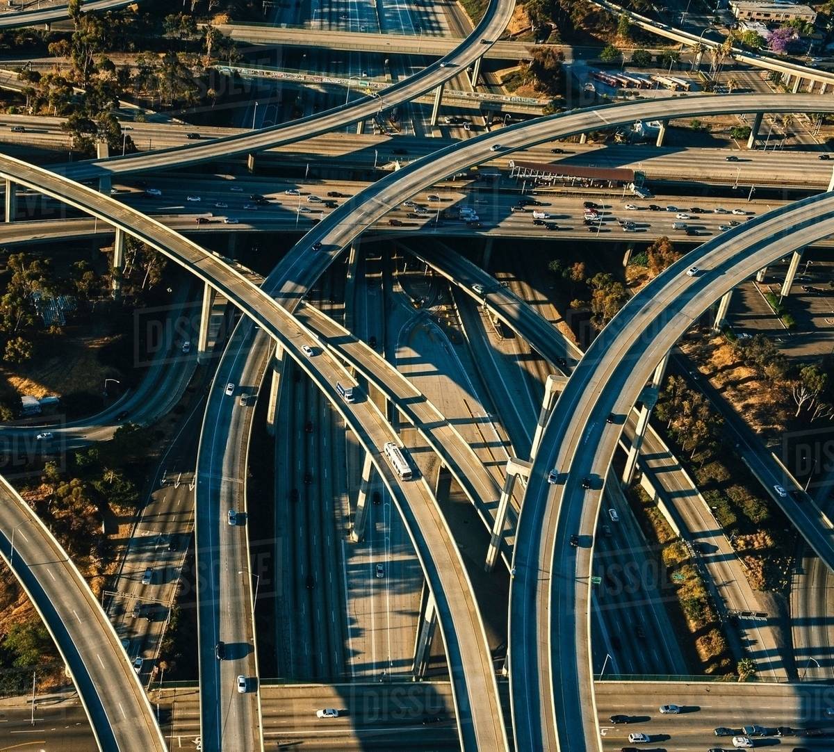 Aerial view of flyovers and multi lane highways, Los Angeles ...