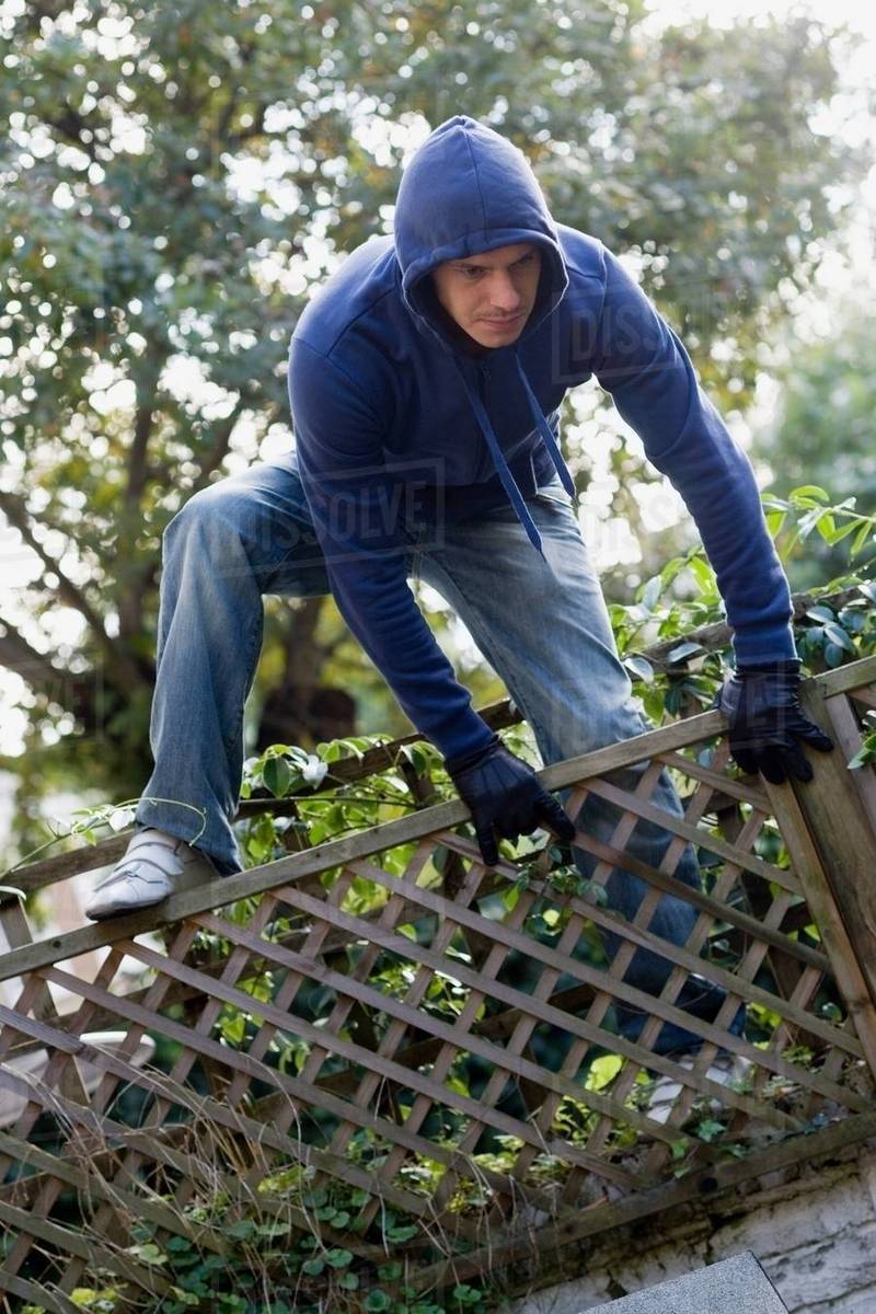 A thief climbing over a fence - Royalty-free Stock Photo | Dissolve