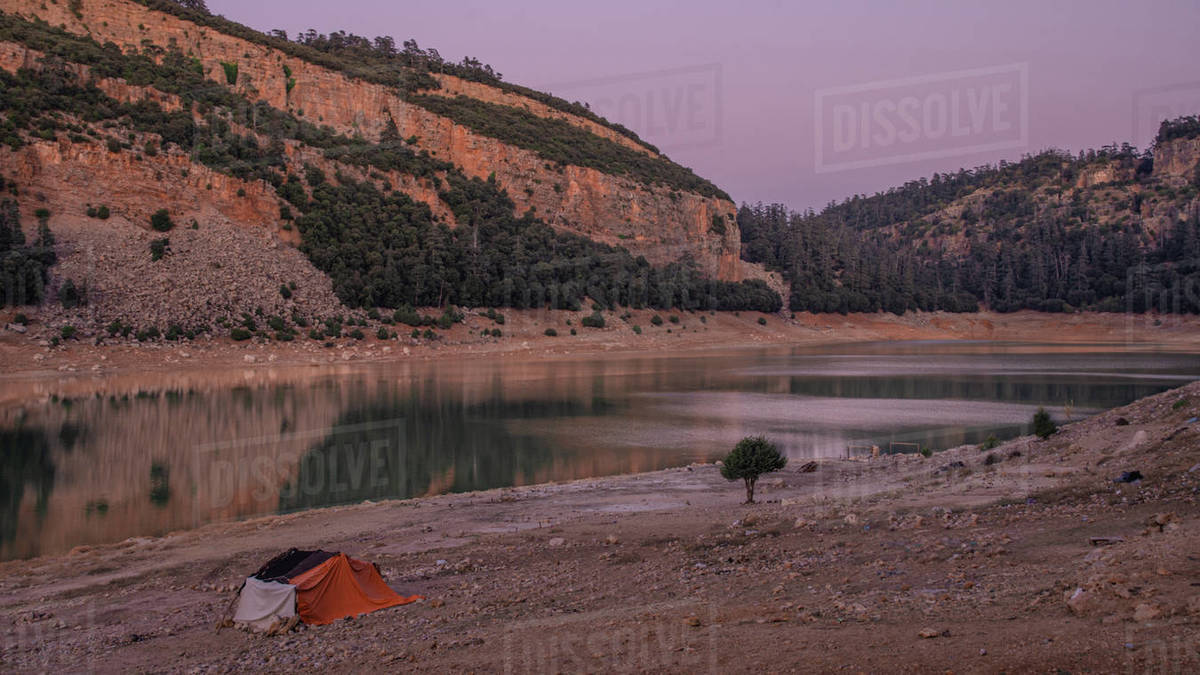 Panorama of morning lake, Aguelmam Azigza, Lake Aguelmam Azigza in the ...