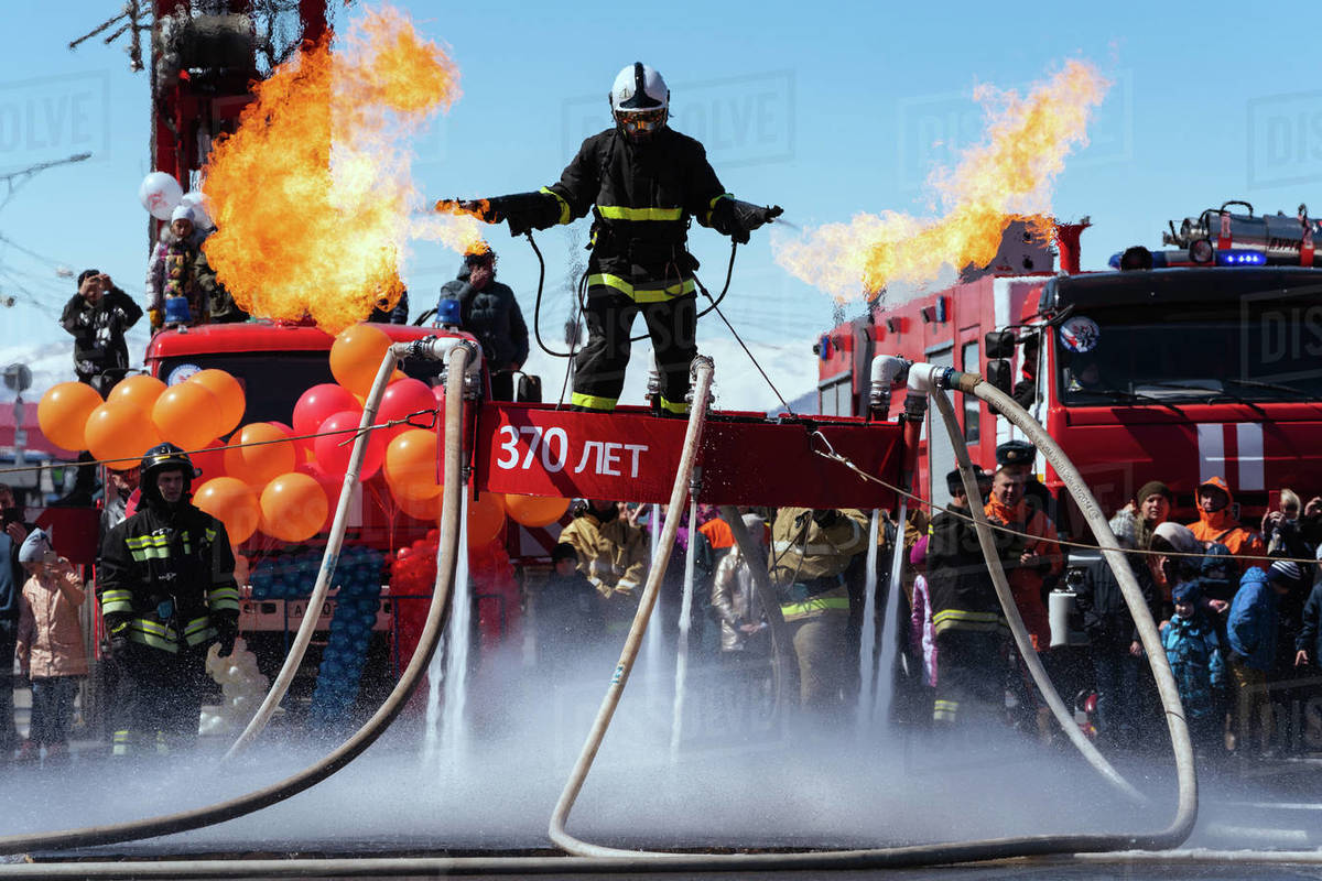 KAMCHATKA PENINSULA, RUSSIA - APR 27, 2019: Rescue firefighter Emercom ...