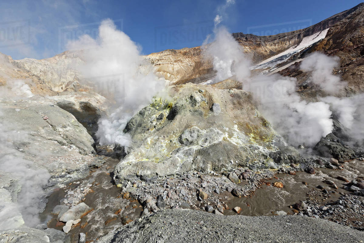 Volcanic landscape of Kamchatka: hot spring and fumarole field, gas ...
