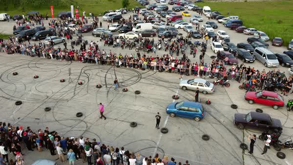 Drag racing. Car competition. Many people cars. Top view. - 4K Royalty ...