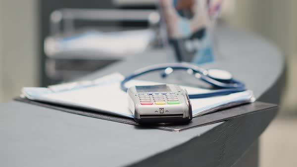 Pos terminal and forms on counter in hospital reception lobby, papers ...