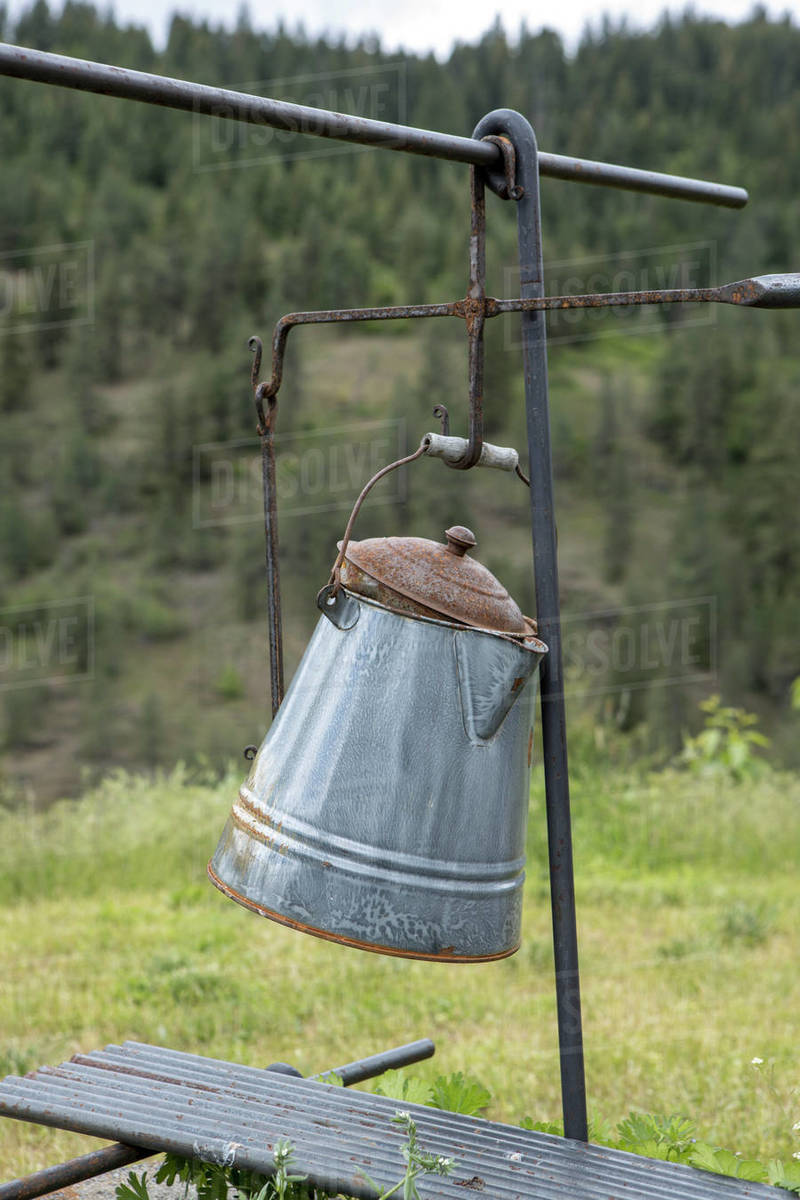 An old fashioned campfire pot as a display near Coeur d'Alene, Idaho ...