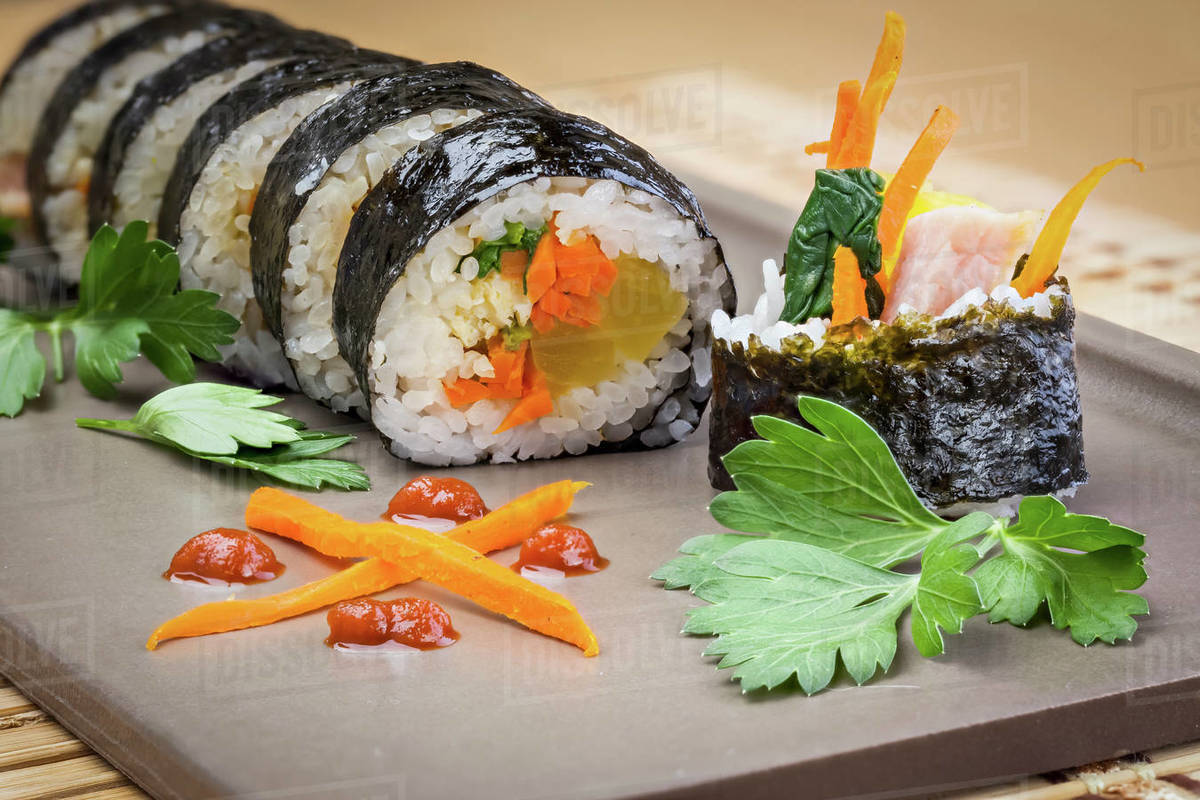 A close up of a popular Korean dish called Kimbap. A type of sushi ...
