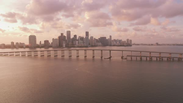 Miami, Florida circa-2019. Aerial view of Miami at sunset. Shot from ...