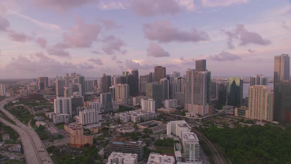 Miami, Florida circa-2019. Aerial view of Miami at sunset. Shot from ...