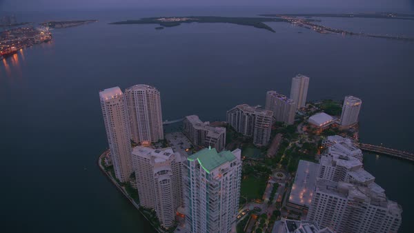 Miami, Florida circa-2019. Aerial view of Miami at sunset. Shot from ...