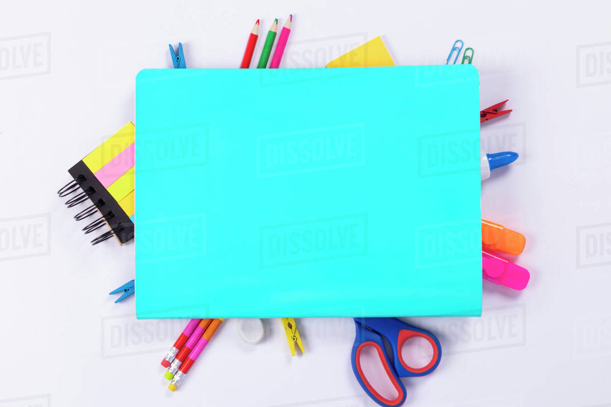 Back to school background with supplies and notebook, copy-space ...