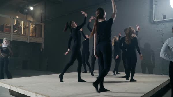Group of talented actors and actresses walking on backstage bending ...