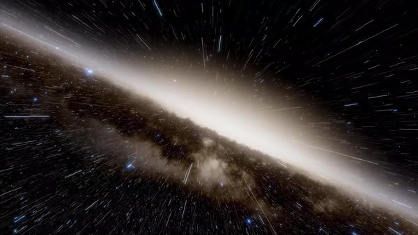 4k animation. Spaceship flies at the speed of light through a galaxy in ...