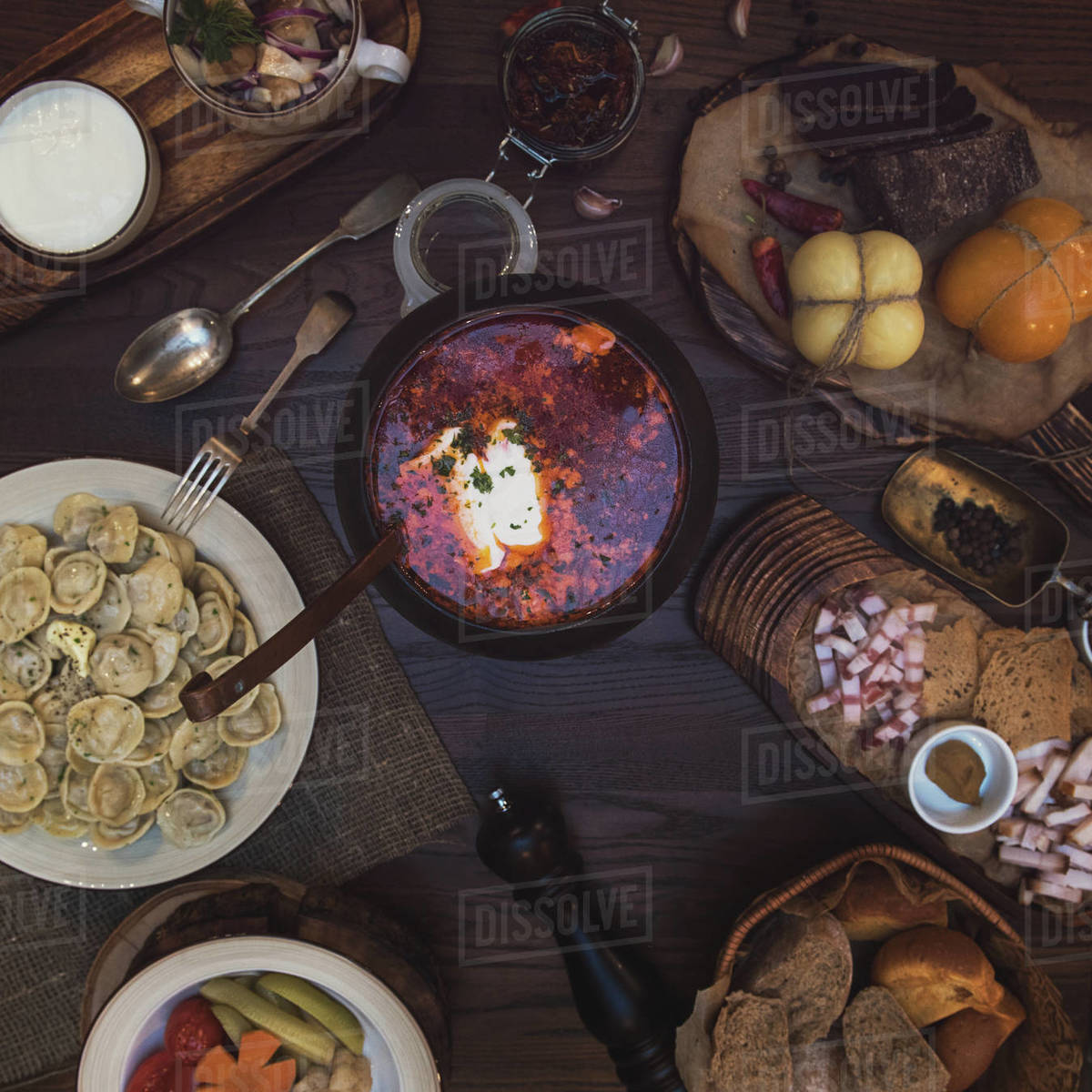 Russian food: borsch pickles cheese meat dumplings and fat - Stock ...