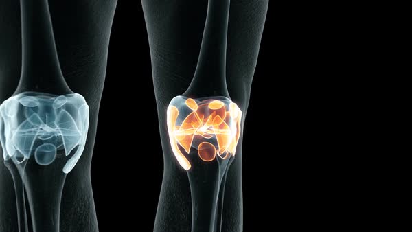 Human skeleton against a black background, zooming in to painful knee ...