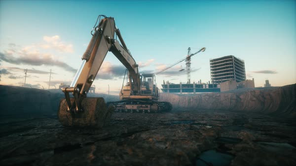 Excavator machine on construction site. Earthmoving at construction ...