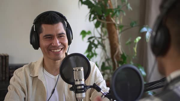 Radio host smile, interview guest man for entertainment. Smiling dj ...