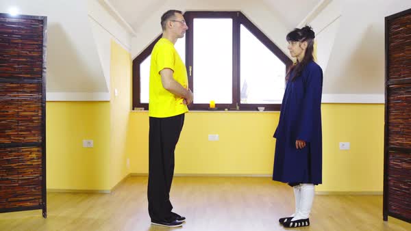 Teacher and student of martial arts greet with bow. Wide shot of two ...