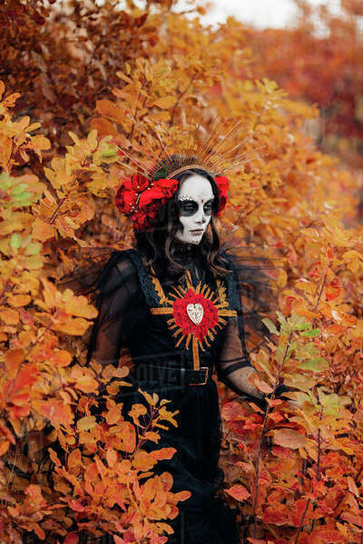 Young woman with sugar skull makeup and red roses dressed in black ...