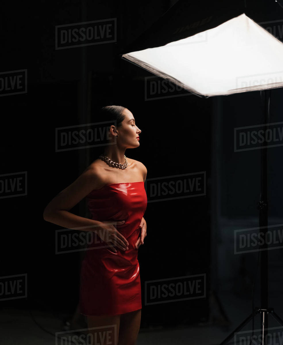 Young pretty brunette woman poses in stylish red latex dress under ...