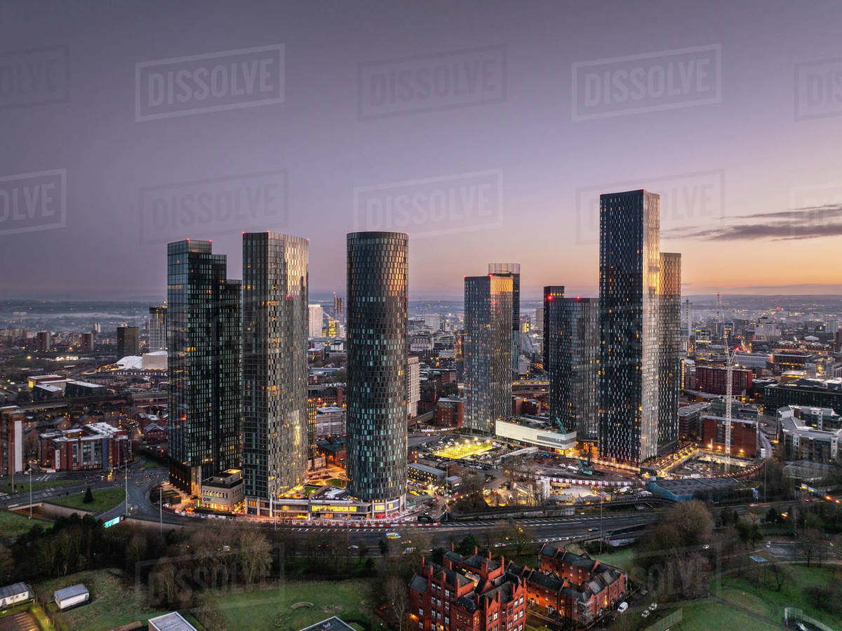 Aerial of Deansgate Square Manchester UK in the blue zone just before ...