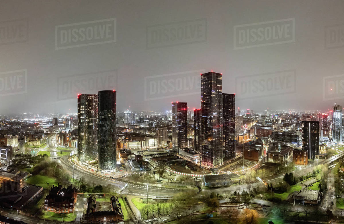 Aerial of Deansgate Square Manchester UK in the blue zone just before ...
