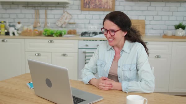 Webcam chat meeting video call concept, Smiling laughing woman girl ...