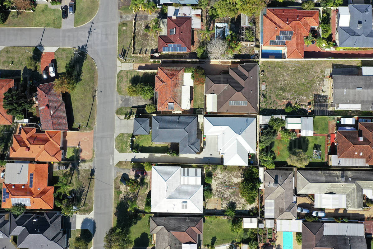 Aerial landscape view from a drone of houses in a quite suburban ...