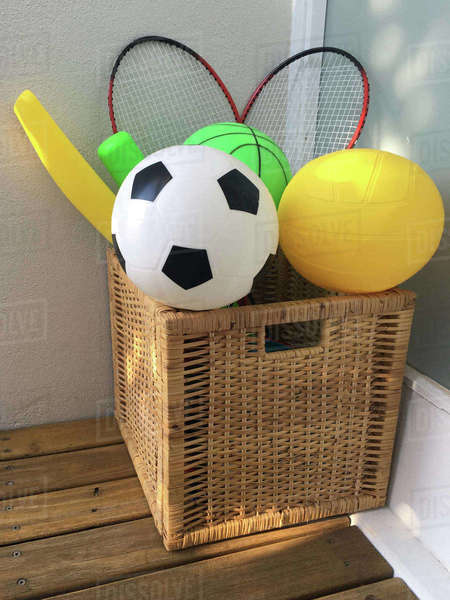 An outdoor box full with outdoors games ready to play. No people. Copy ...