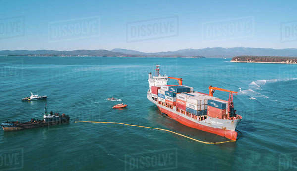 Aerial view of a RISE SHINE container cargo ship stands aground after a ...