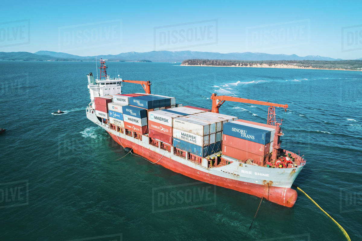 Aerial view of a RISE SHINE container cargo ship stands aground after a ...