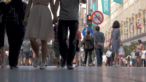 China, Shanghai. People walking the pedestrianized street - 4K Royalty ...