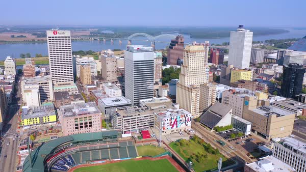 Good aerial of downtown Memphis Tennessee, high rises, skyscrapers ...