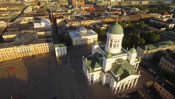 An aerial view shows the Helsinki Cathedral nestled in the city of ...
