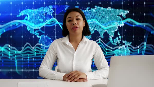 Female news anchor presenting live news, generic news background ...