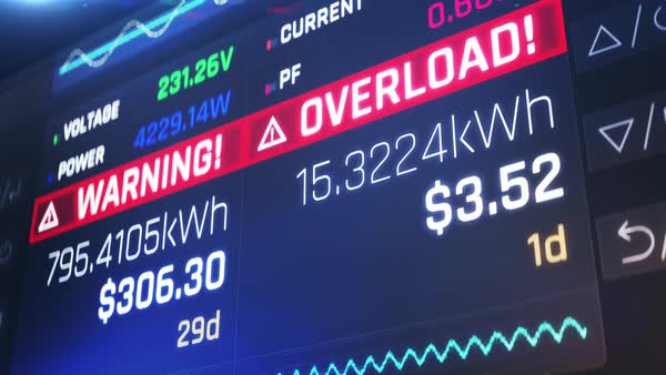 Warning, overload message on digital electricity meter screen, power ...
