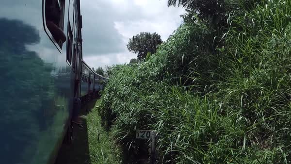 People hanging off their legs from a moving train passing through a ...