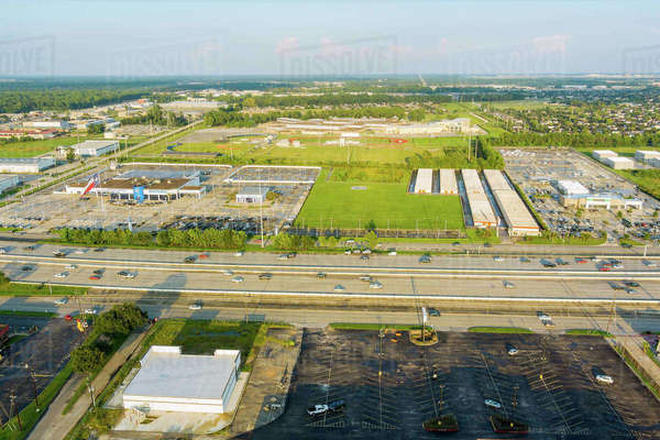 20 SEPTEMBER 2021 Houston, TX USA: Aerial overlooking with traffic line ...