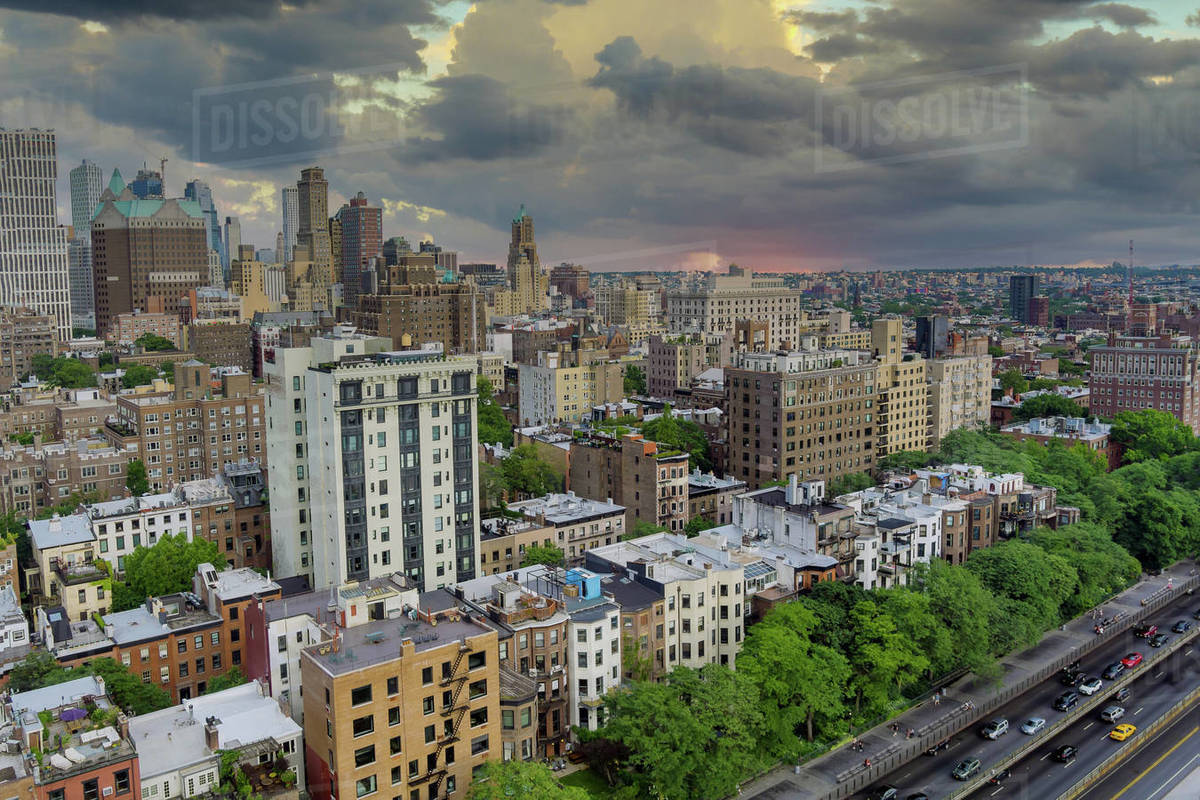 Aerial fly over of Brooklyn rooftops with beautiful Brooklyn apartments ...