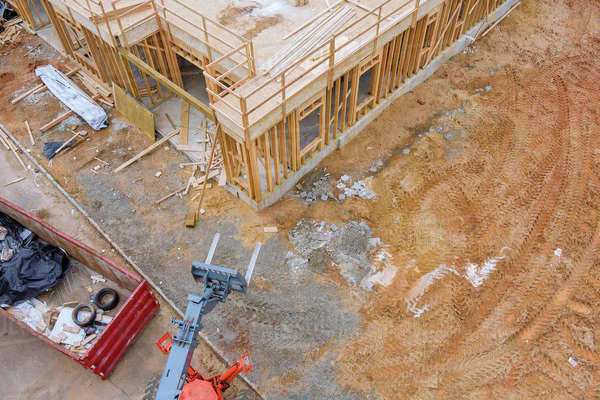 Aerial view of big construction garbage trash refuse dump on stacker ...