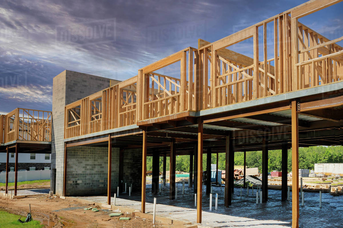 Wooden house in American beams the view of building frame structure on ...