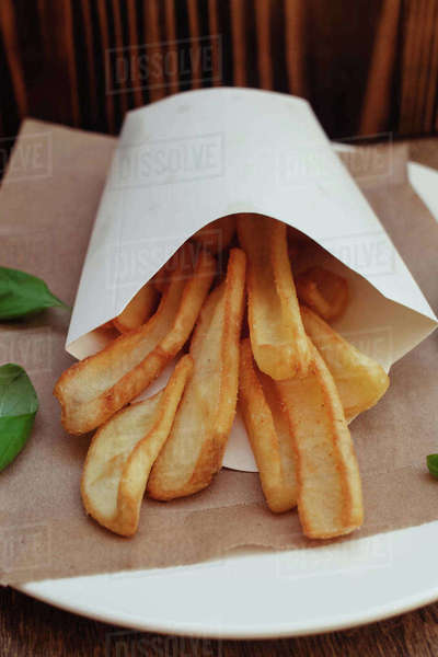 Top view of French fries. Fry dip. The concept of fast food, quick ...